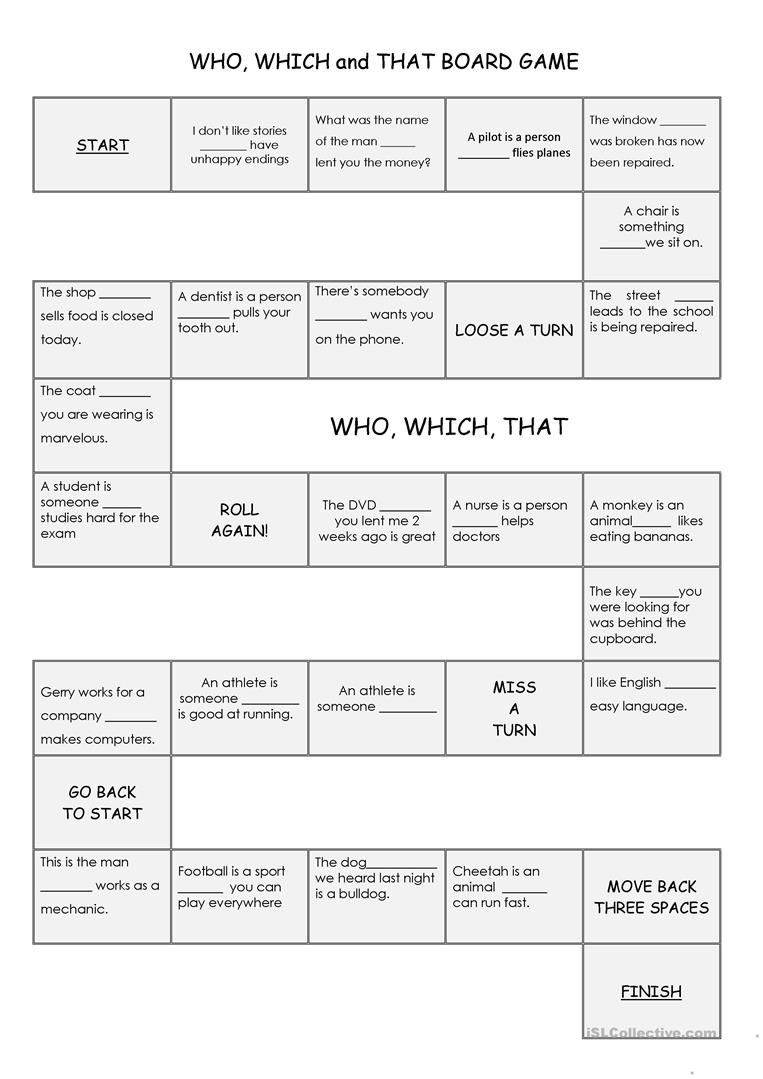 board game relative clauses | Genially